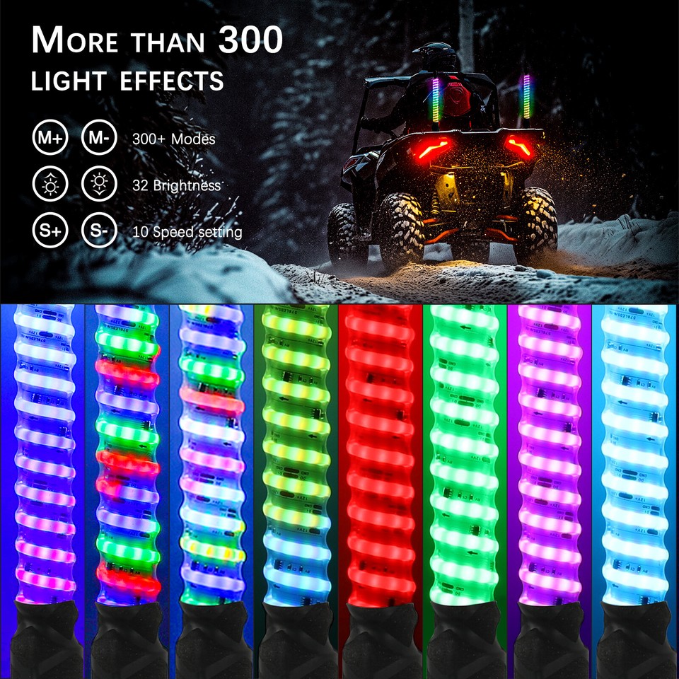 2X 1FT COB RGB LED Spiral Whip Light Chasing For Kawasaki Teryx KRX1000 ...