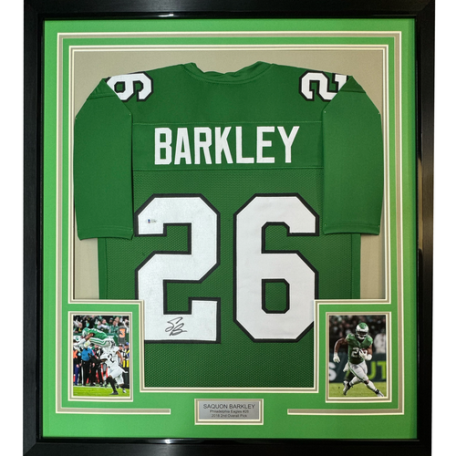 Framed Autographed/Signed Saquon Barkley 35x39 Kelly Green Jersey JSA ...