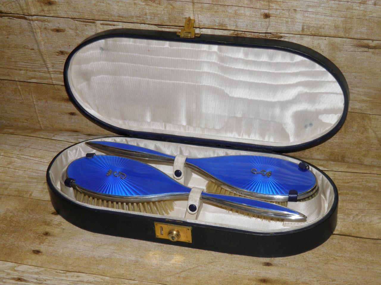George V Pair of Cased Brushes Guilloche Enamel & Sterling Silver 1932 ...
