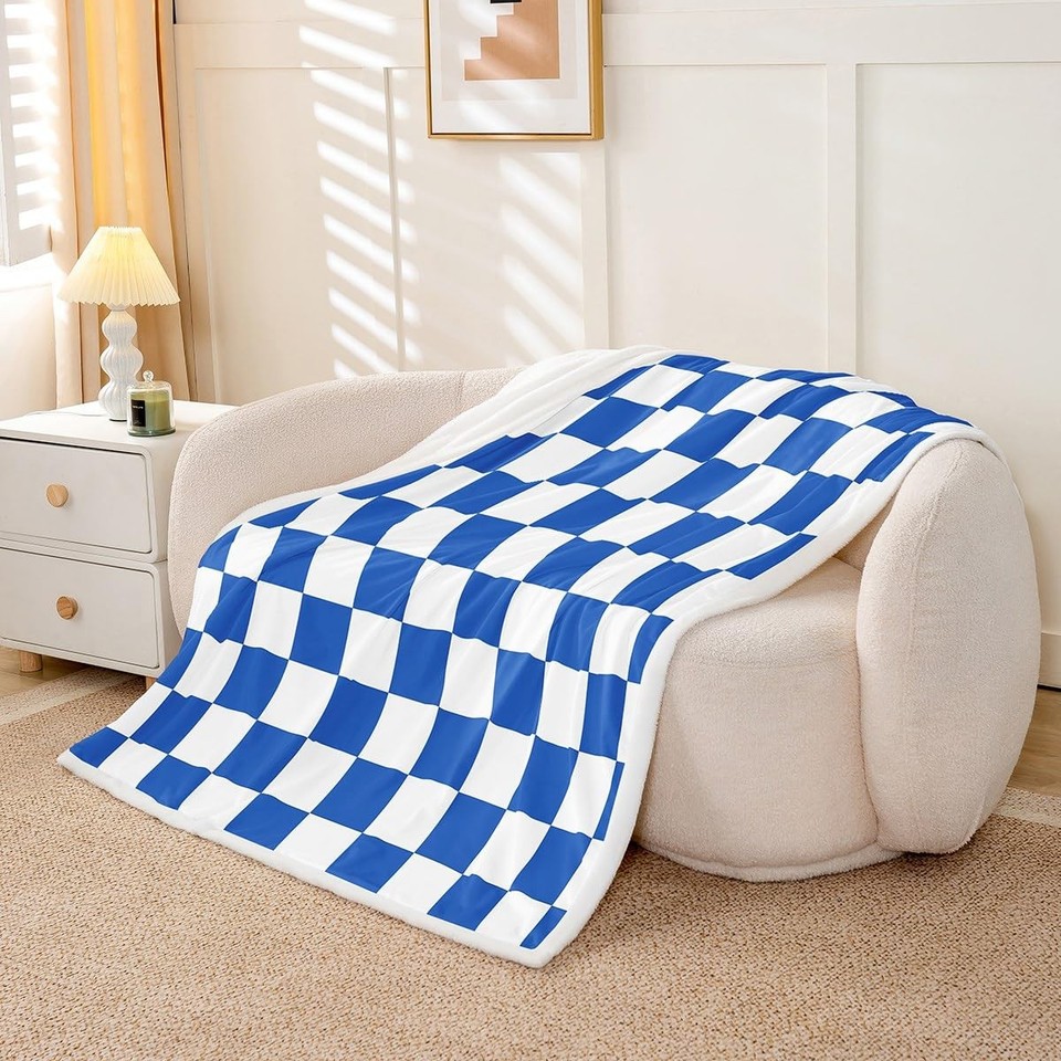 Checkered Retro Throw Blankets Teen Women Men Blue White Plaid Soft ...