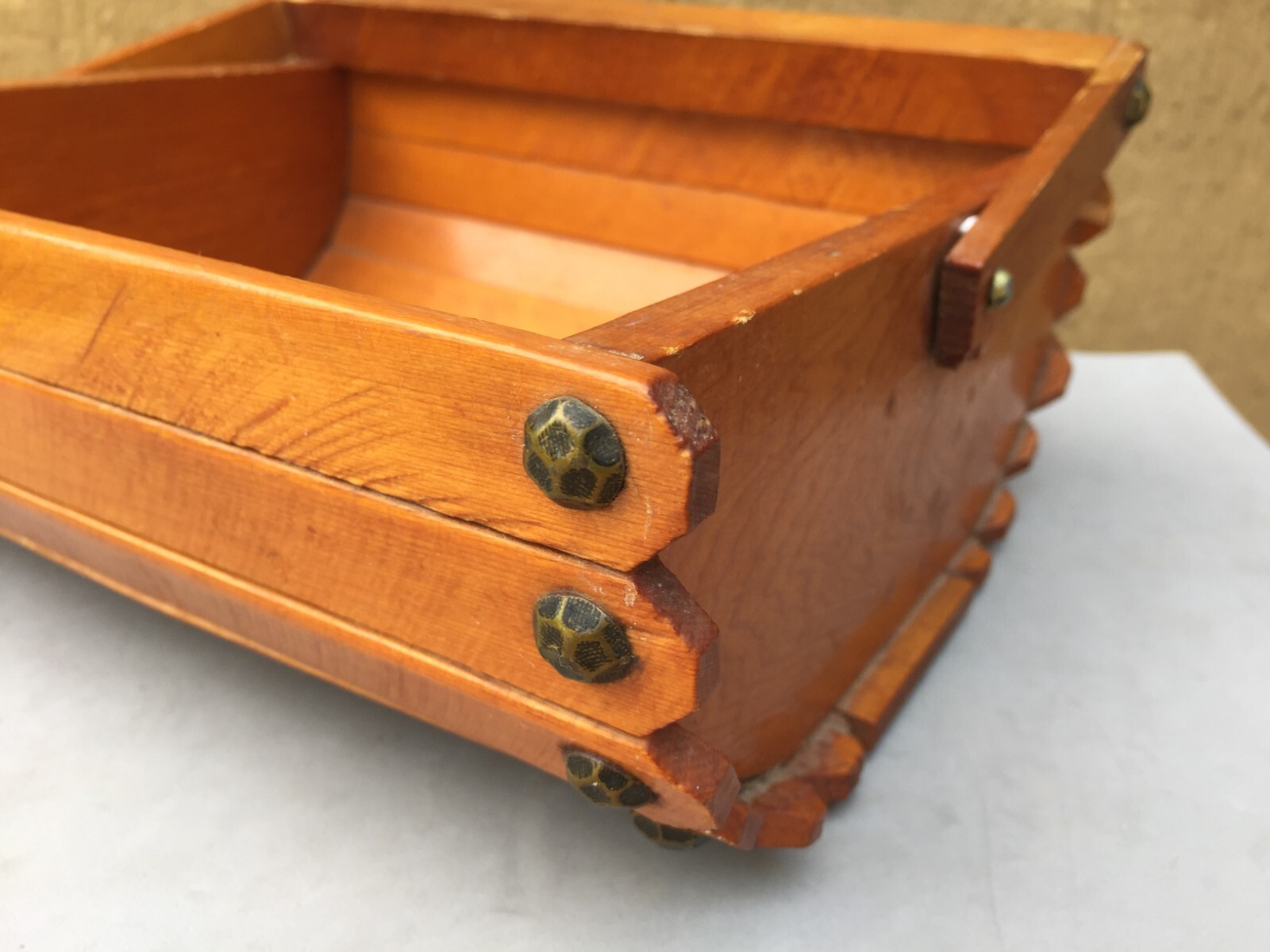 Wood Tote Basket Fold Down Swing Handle Brass Tacks 10"x8" Primitive ...