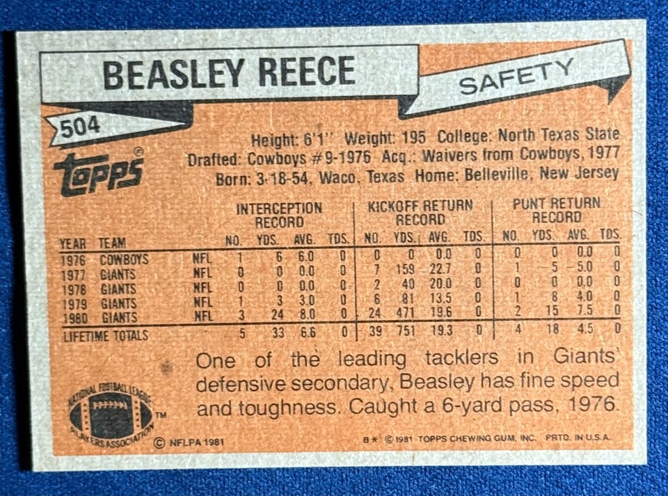 1981 TOPPS #504 BEASLEY REECE (NEW YORK GIANTS) FOOTBALL CARD | eBay