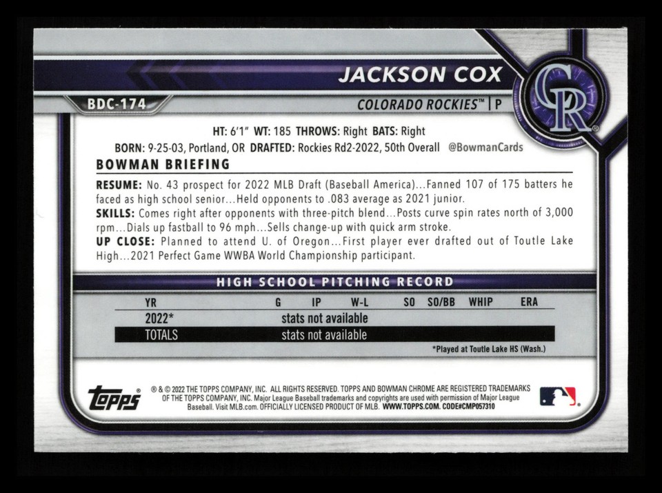 Jackson Cox 2022 1st Bowman Chrome Prospect ROOKIE #BDC-174 Colorado ...