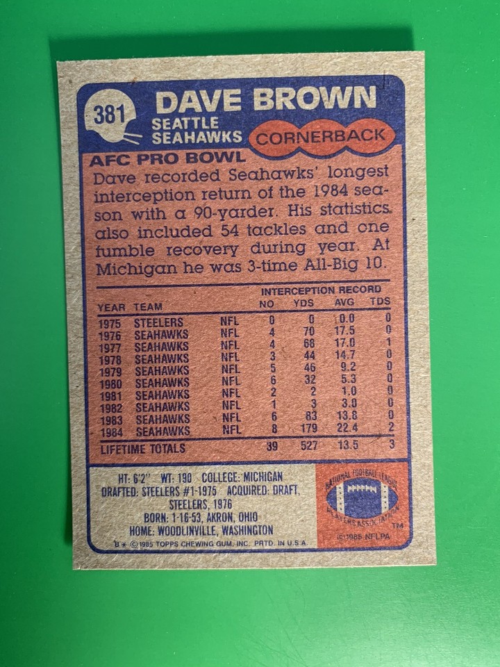 1985 Topps Dave Brown #381 Seattle Seahawks | eBay
