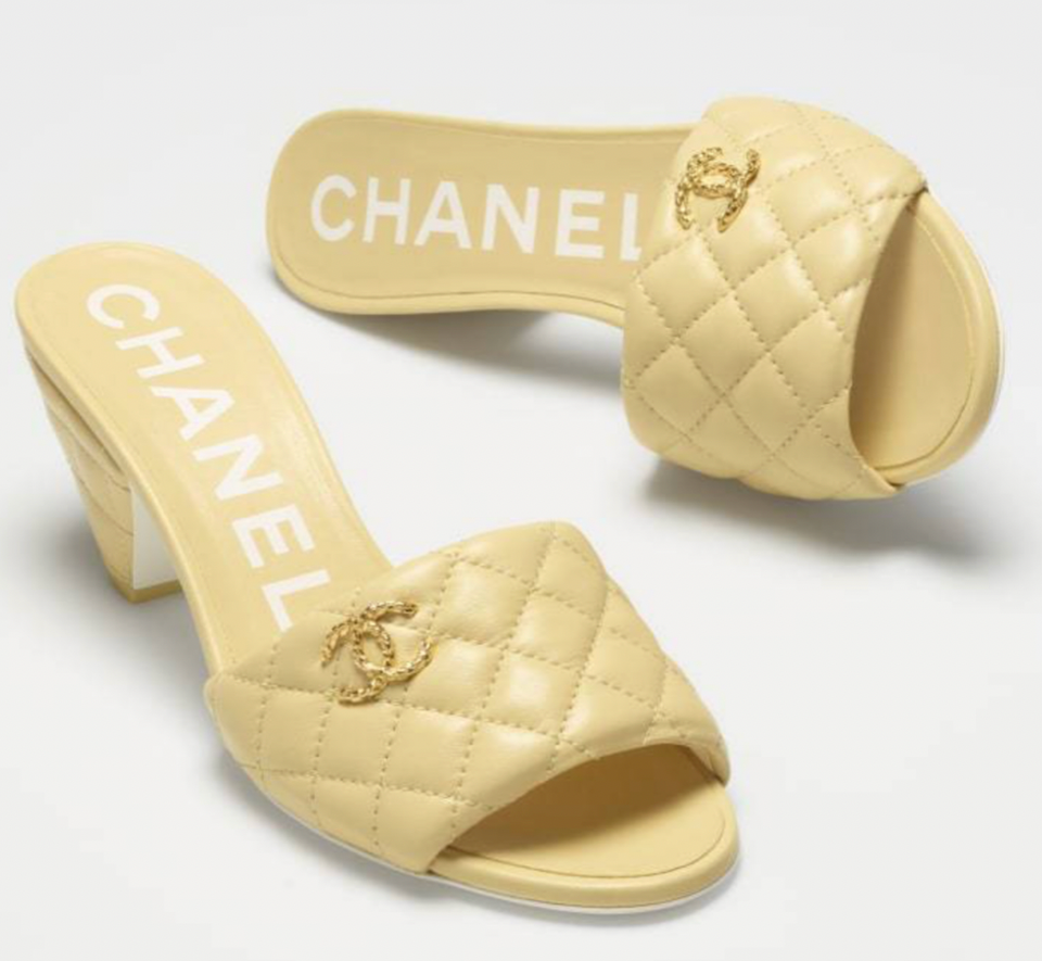 Chanel 22P Yellow Lambskin Quilted CC Gold Logo Cone Heel Mule Slide ...