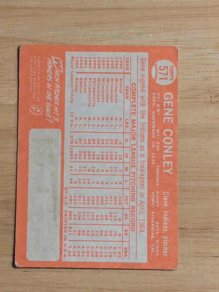 GENE CONLEY SIGNED AUTOGRAPHED 1964 TOPPS CARD # 571 CLEVELAND INDIANS ...