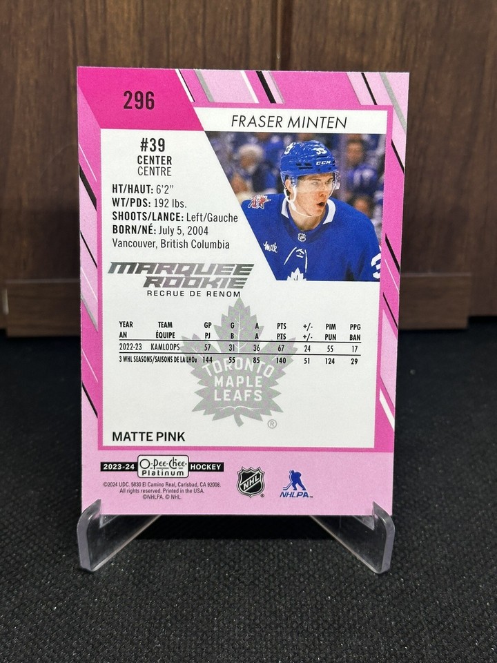 2023-24 Platinum Fraser Minten Matte Pink Marquee Rookies SP Toronto ...