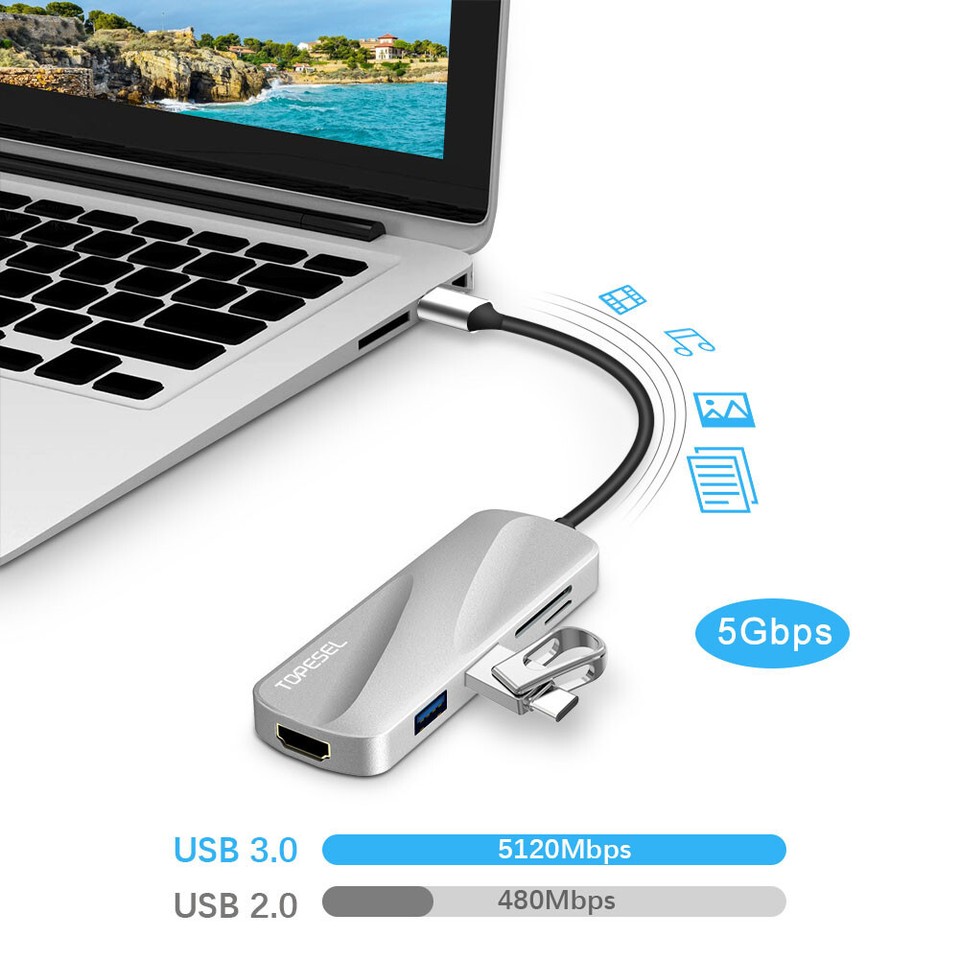 High Speed 6 In 1 Adapter HDMI USB 3.0 PD Charger 65W Data Transit up ...