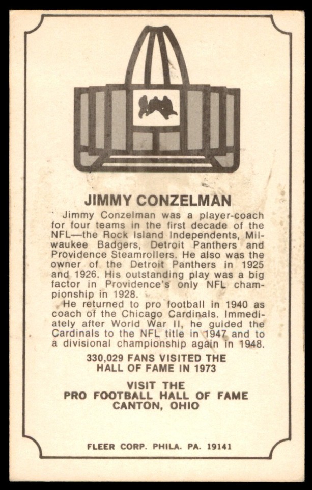 1974 FLEER FOOTBALL CARDS IMMORTAL ROLL JIMMY CONZELMAN CHICAGO ...