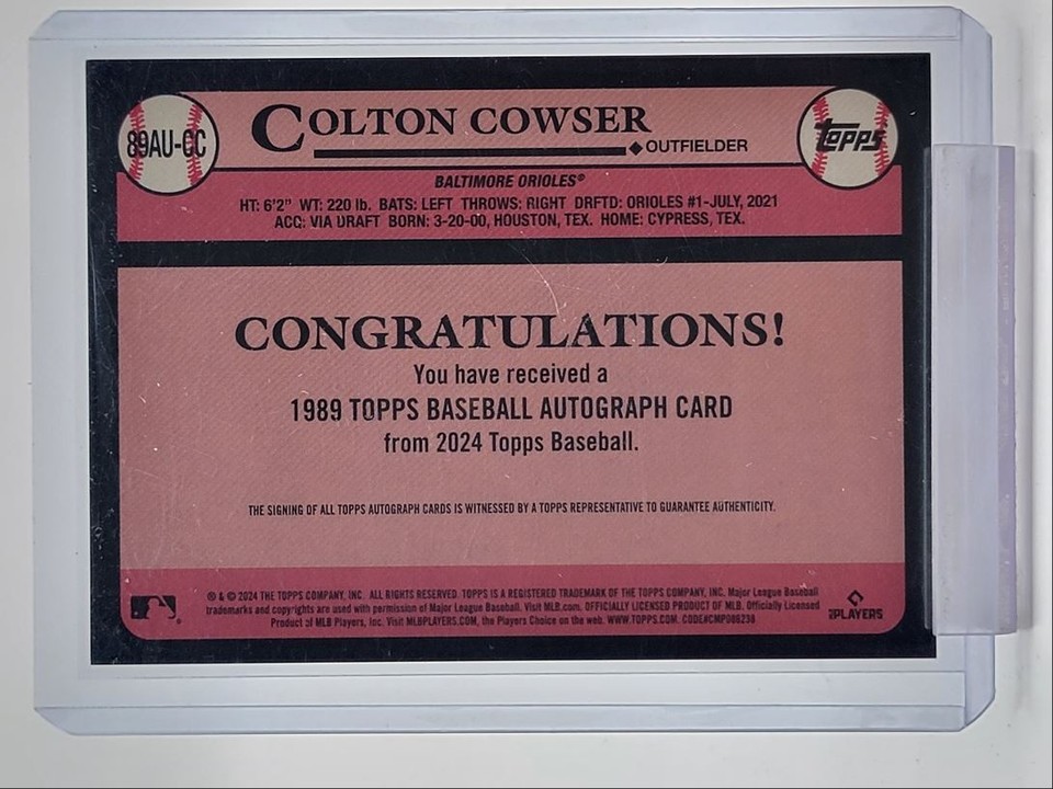 COLTON COWSER 2024 TOPPS 1989 TOPPS ROOKIE AUTOGRAPH RC AUTO Q3545 | eBay