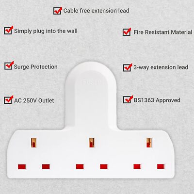 3 Way Triple Gang UK 3 Pin Multi Socket Plug Extension Mains Adaptor ...