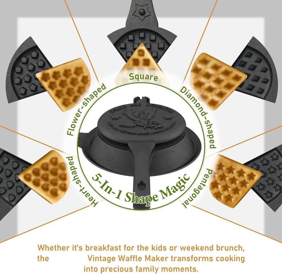 Cast Iron Waffle Maker with Low Base, Retro Waffle Iron with Five ...