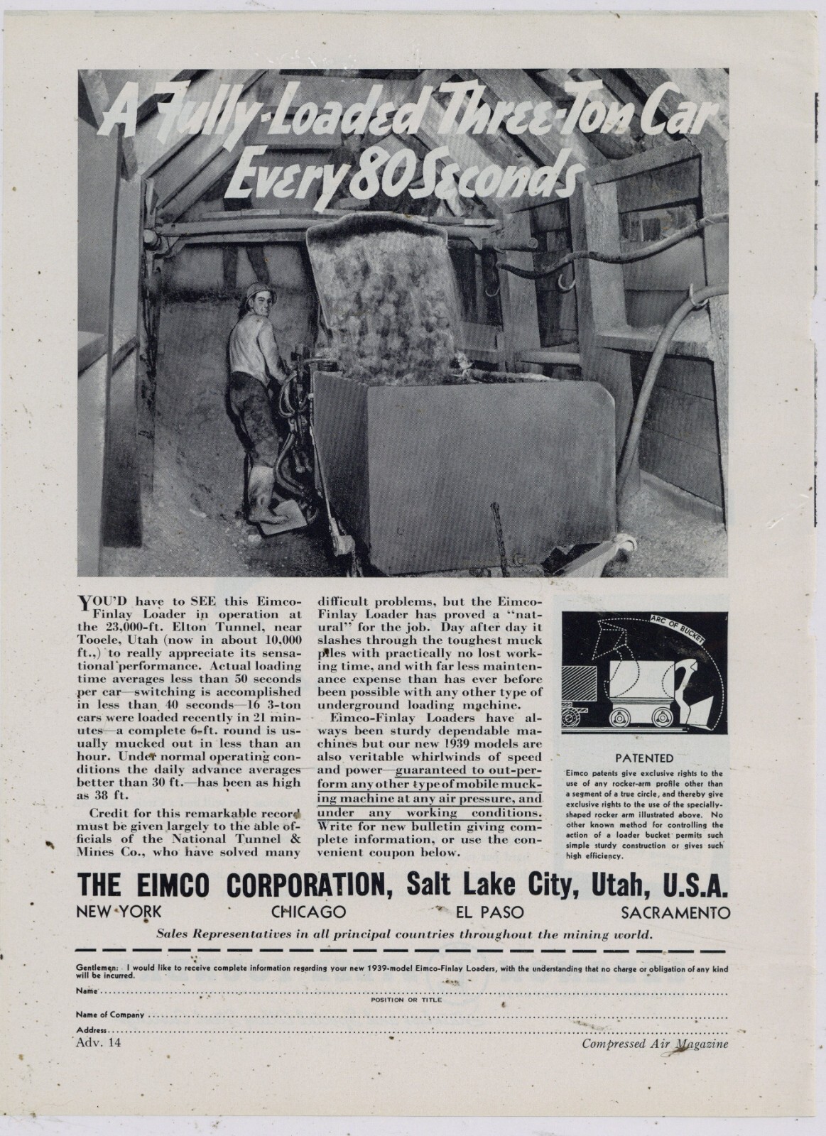 1939 EIMCO Ad: Elton Tunnel Job, Toole, Utah Pictured - EIMCO Finlay ...