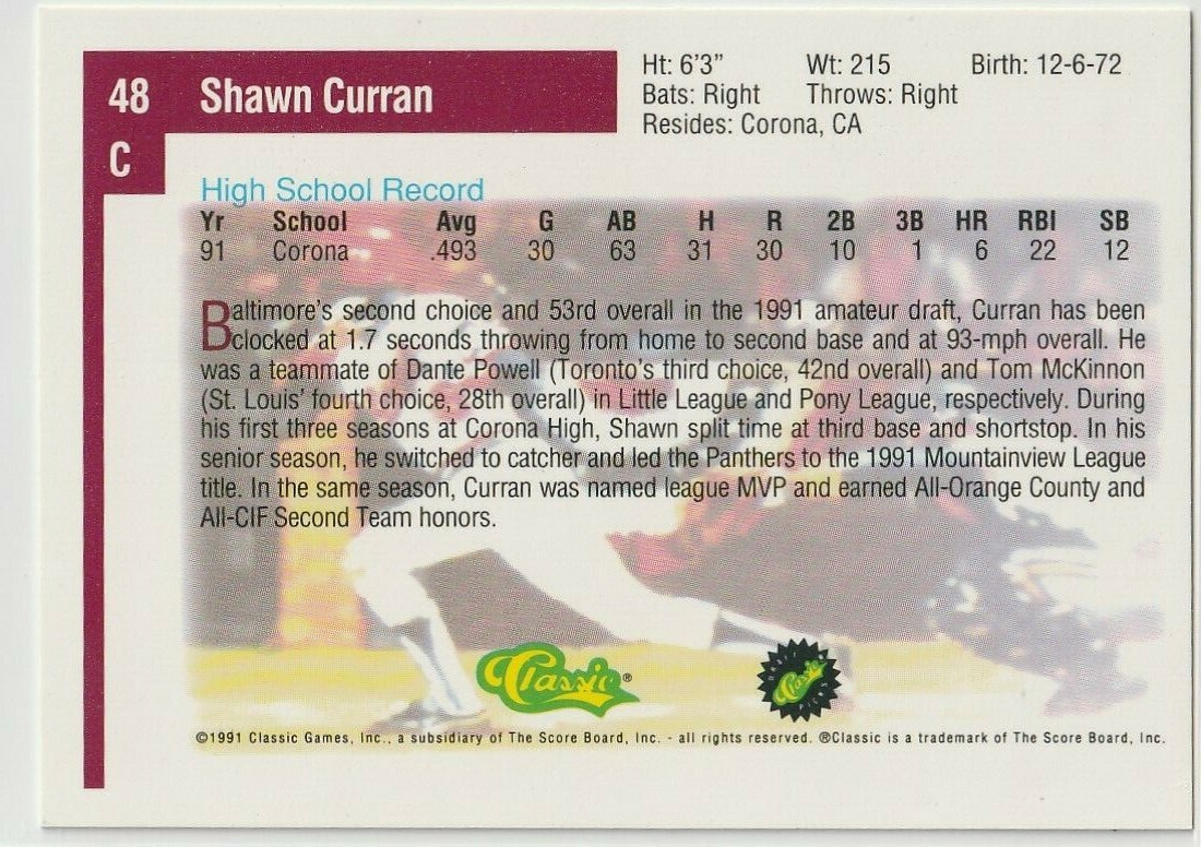 Shawn Curran Carona H.S. 1991 Classic Draft Pick Ltd Edition Card # 48 ...