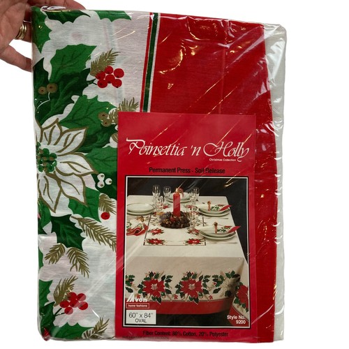 Vintage Avon Poinsettia 'n Holly Oval Tablecloth 60" x 84" Seats 6-8 ...