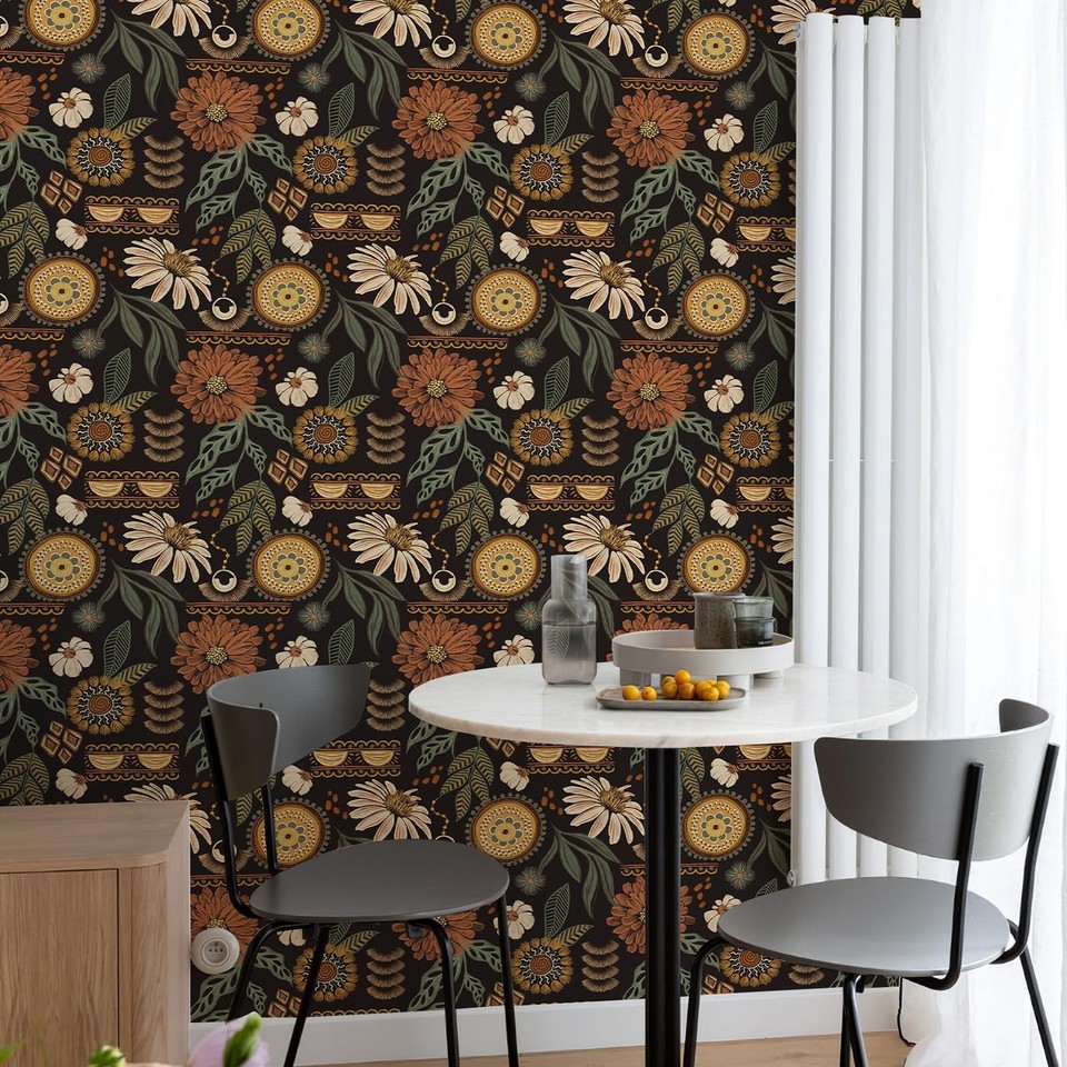 Simon&Siff Boho Wallpaper Peel and Stick, 17.3'' x 80" Sun Floral Retro ...