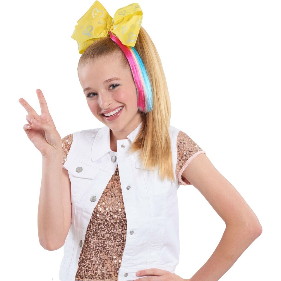 JoJo Siwa Bodacious Bow Yellow With Hearts and Rainbow Hair Extension ...
