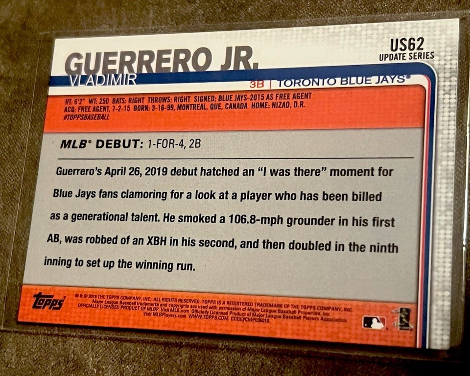 2019 Topps Update Series Vladimir Guerrero Jr. Rookie Debut #US62 | eBay