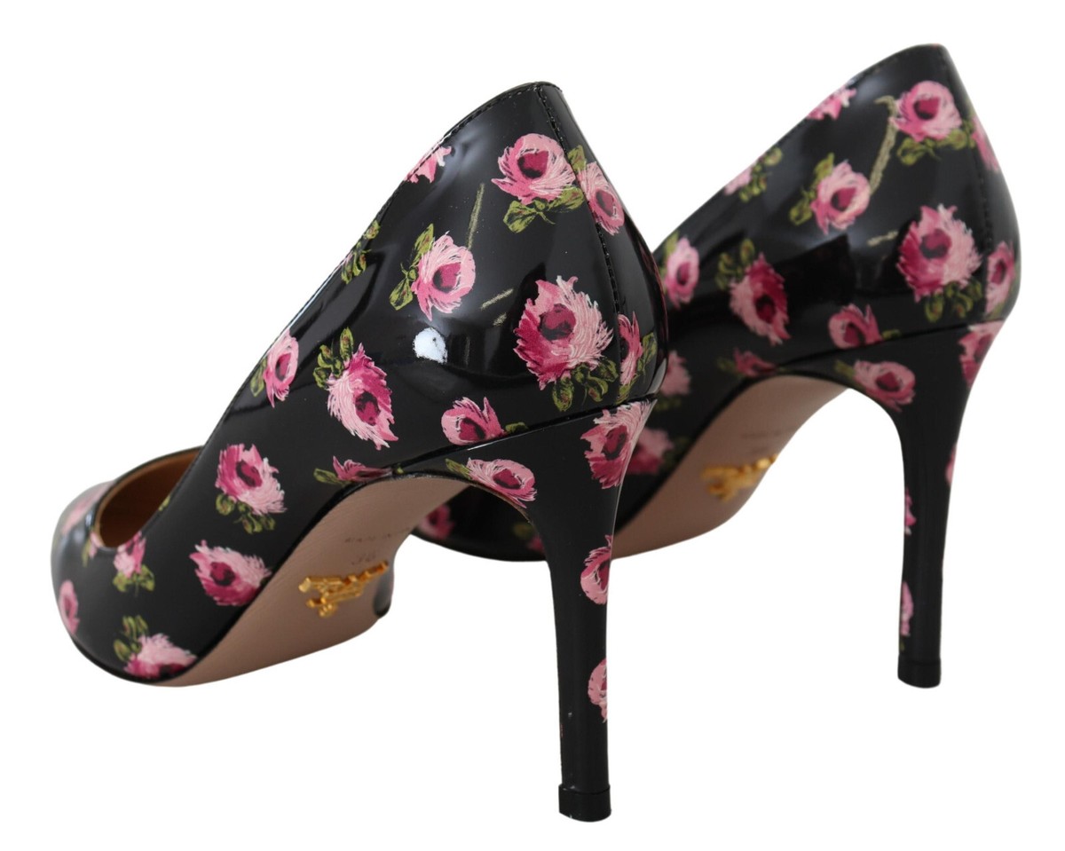 PRADA Shoes Black Leather Floral Heels Stilettos Pumps EU39 PRADA Shoes Black Leather Floral Heels Stilettos Pumps EU39