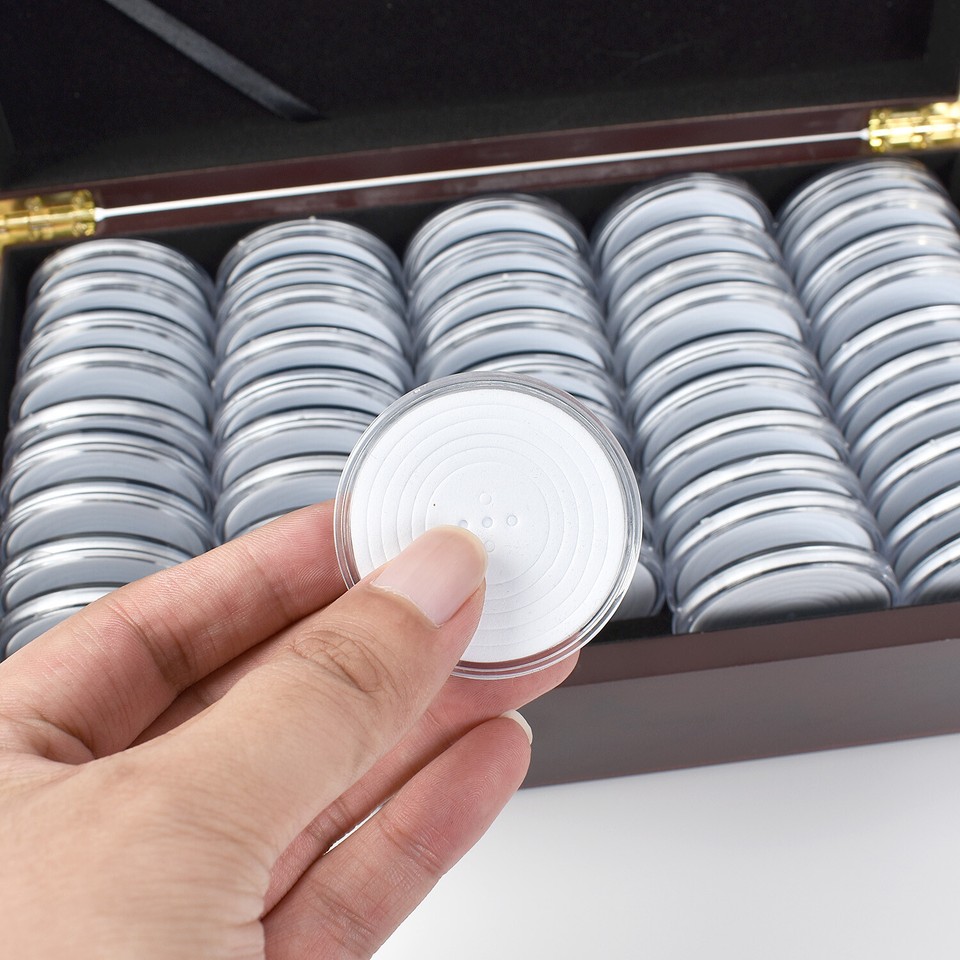 50 PCS 46MM Coin Capsules Storage Box & Wooden Case Holder Collection ...