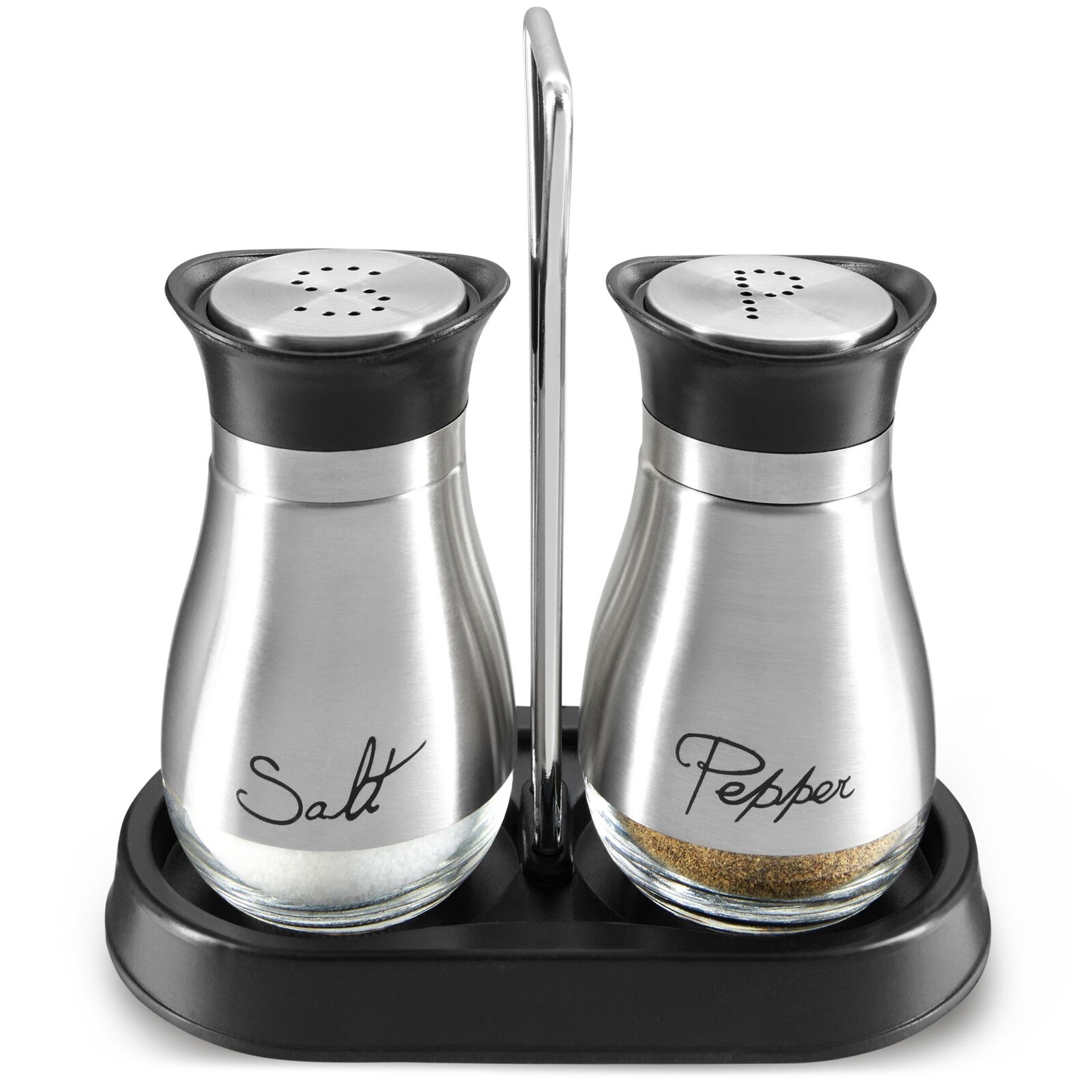 3 Piece Stainless Steel Salt and Pepper Shakers Set with Holder (4 oz ...
