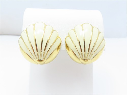 Vintage Monet Gold Tone Cream Colored Enamel Sea Shell Clip On Earrings ...