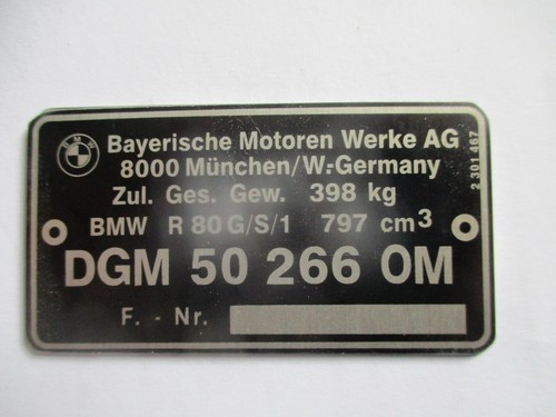 Typenschild Schild BMW R 80 G/S R80G/S DGM Motorrad ID-plate oldtimer ...