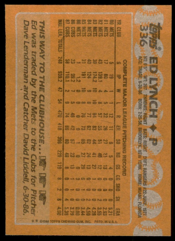 1988 TOPPS ED LYNCH CHICAGO CUBS #336 | eBay