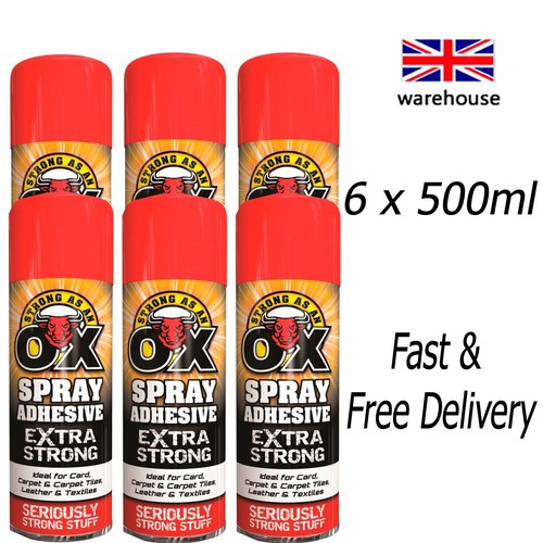 6 x 500ml Heavy Duty Spray Adhesive Glue Strong As An Ox for Carpet ...