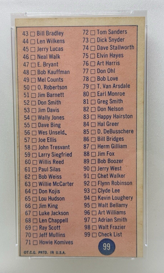 1969 Topps Basketball #99 Tall Boy Checklist PSA 7 (MC) NM ~ Unmarked ...