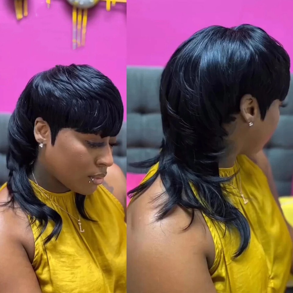 Mullet Wigs Pixie Cut Wigs with Bangs for Black Women Real Human Hair ...