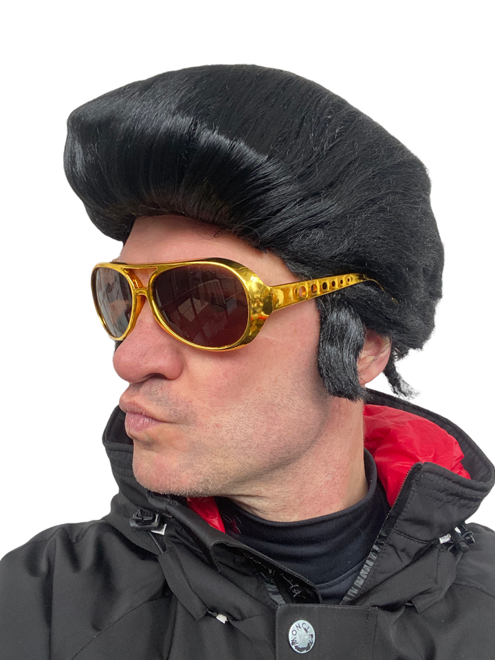 1950s Black Quiff Elvis Wig Rock N Roll Teddy Boy & Gold Glasses ...