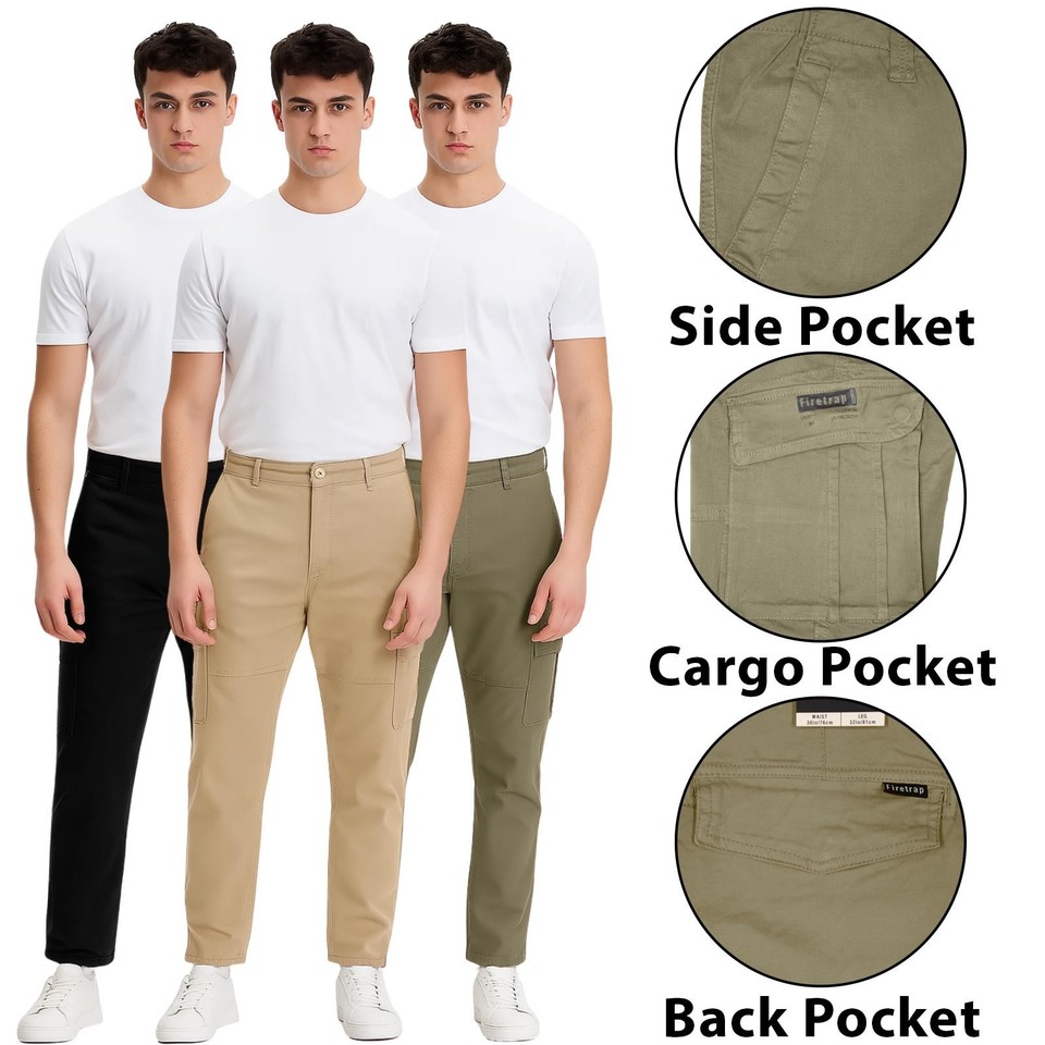 Firetrap Mens Cargo Trousers Cotton Chino Pants Casual Workwear Combat ...