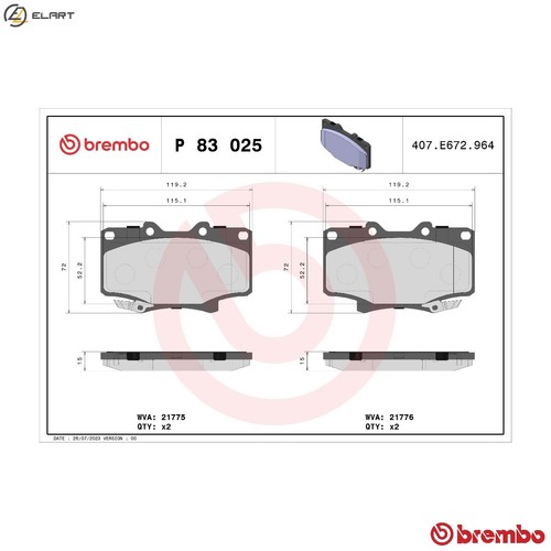 BRAKE PAD SET DISC BRAKE P 83 025 FOR LEXUS TOYOTA LAND/CRUISER/PRADO ...