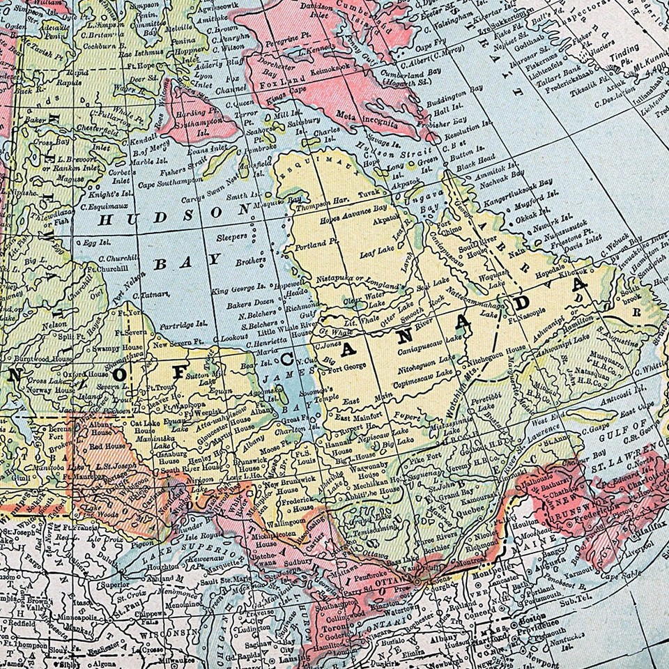 1894 Cram Map Canada Ontario Quebec Hudson Bay British Columbia Alberta ...