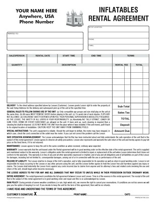 100 Inflatables Bounce House Party Rental Agreement 2-part Forms | eBay