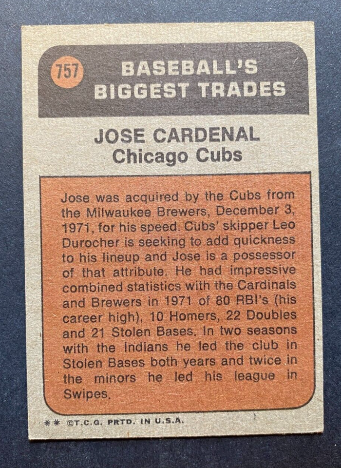 1972 Topps Baseball Jose Cardenal Traded #757 Chicago Cubs EX | eBay
