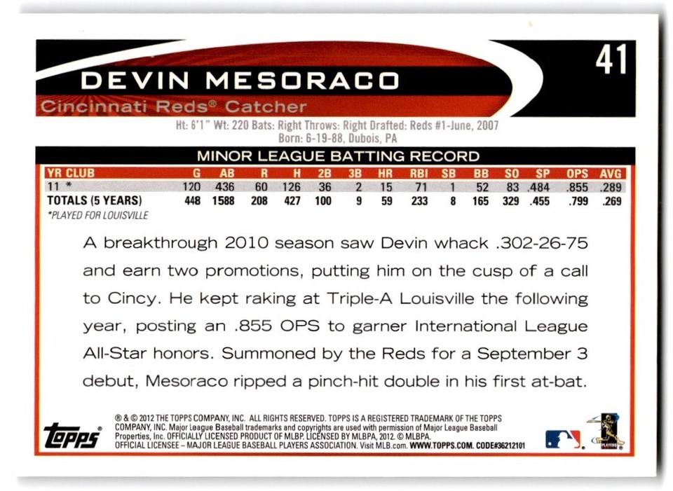 2012 Topps Devin Mesoraco Rookie Cincinnati Reds #41 | eBay