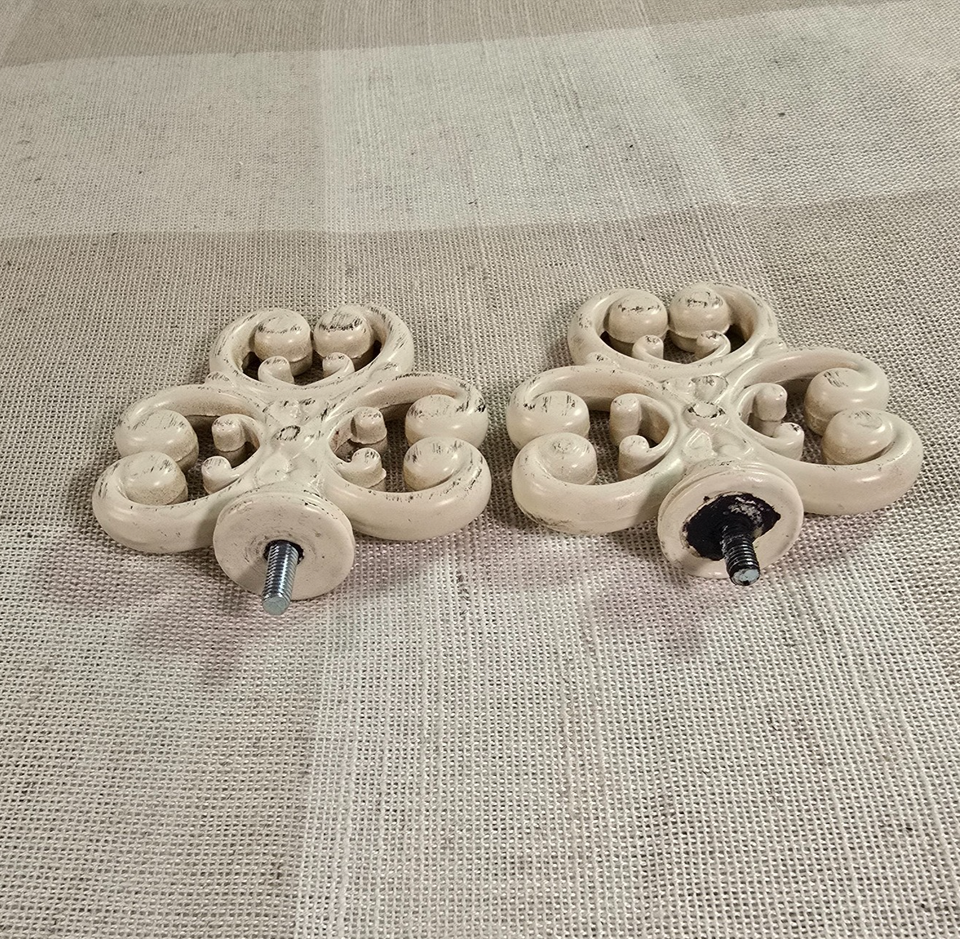 2 White Enamel Distressed Painted Metal Architectural Scroll Finials 3 ...