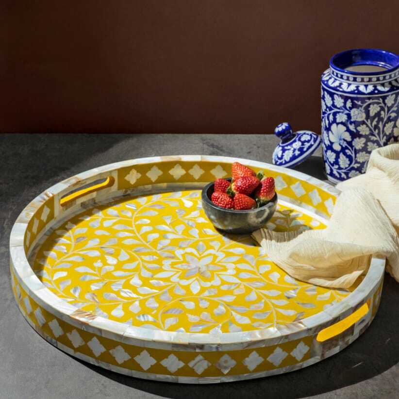 Round Breakfast tray Handmade Bone Inlay Decorative tray Tea tray ...