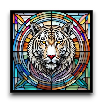 White Siberian Tiger Square Stained Glass Window Vinyl Sticker Decal ...