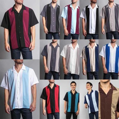 Men's Button Up Striped Bowler Guayabera Bowling Casual Dress Shirts ...