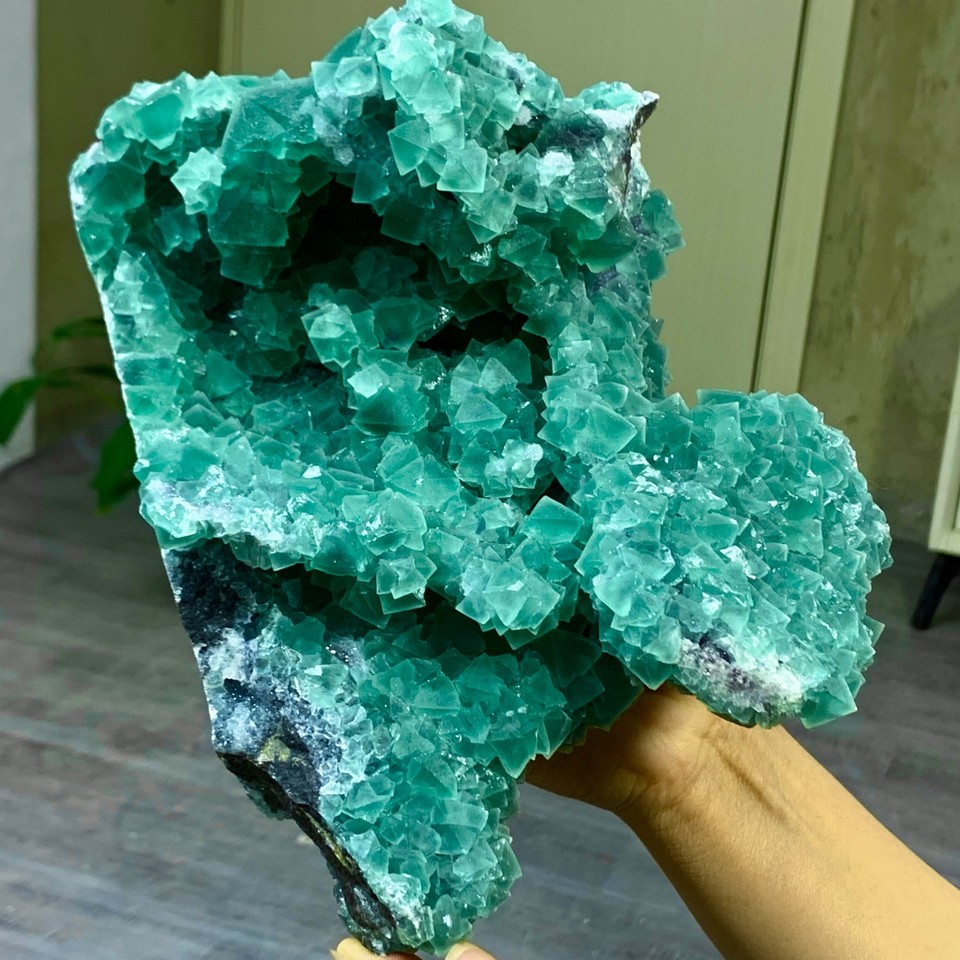 9.09LB Rare transparent green cubic fluorite mineral crystal sample ...