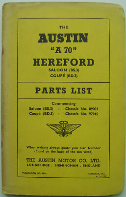 Austin A70 Hereford BS 3 BD3 Parts List Pub. No 780A 1952 ILLUSTRATED ...