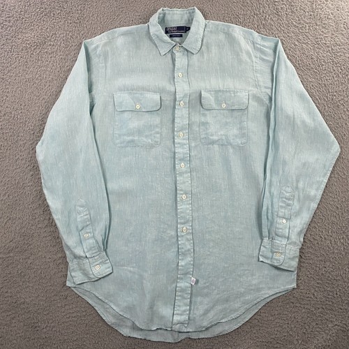 VTG Polo Ralph Lauren Shirt Mens M 100% Linen Double Flap Pocket Button ...
