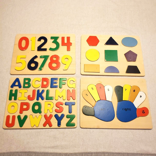 Wooden Learning Puzzles Set Of 4 Alphabet Numbers Shapes Counting Kids ...