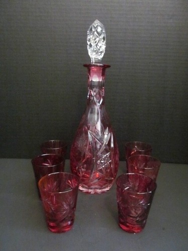 CRYSTAL DECANTER & 6 SHOT GLASSES CRANBERRY RED CUT TO CLEAR MIXED SET ...