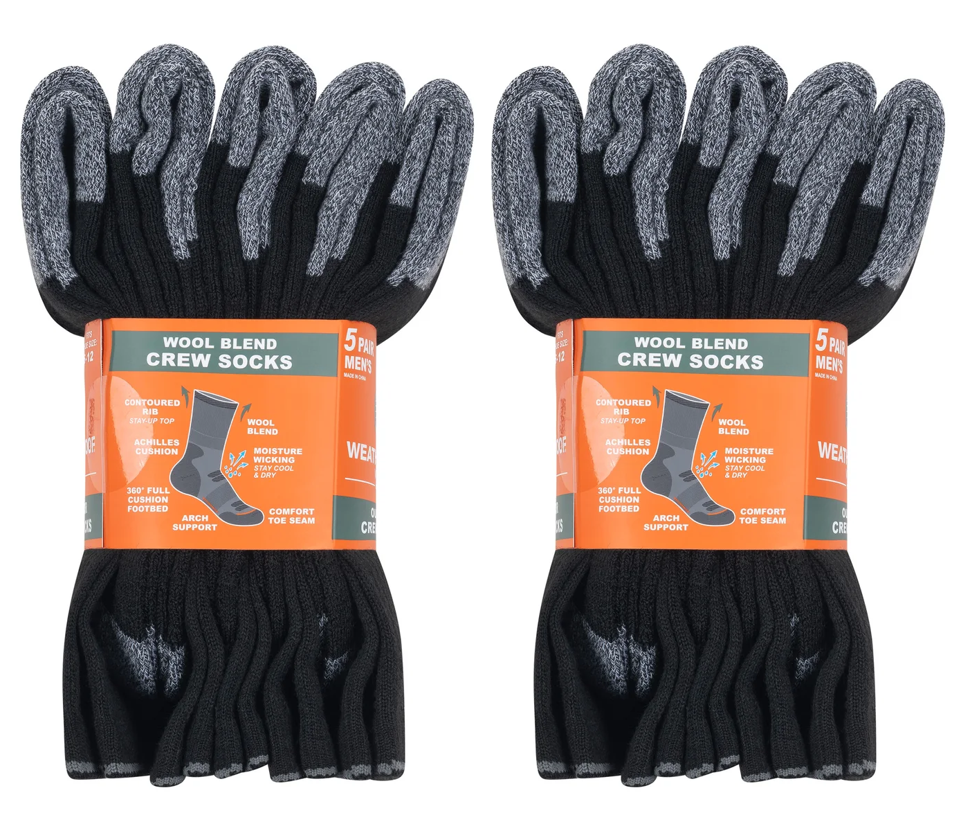 Weatherproof Men's Crew Socks Wool Blend Shoe Size 6-12, Black( Pack-10 ...