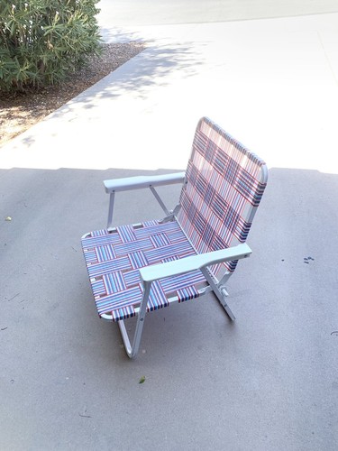 Vintage Metal Folding Webbed Lawn Chair Low Ground Red White Blue Mid ...