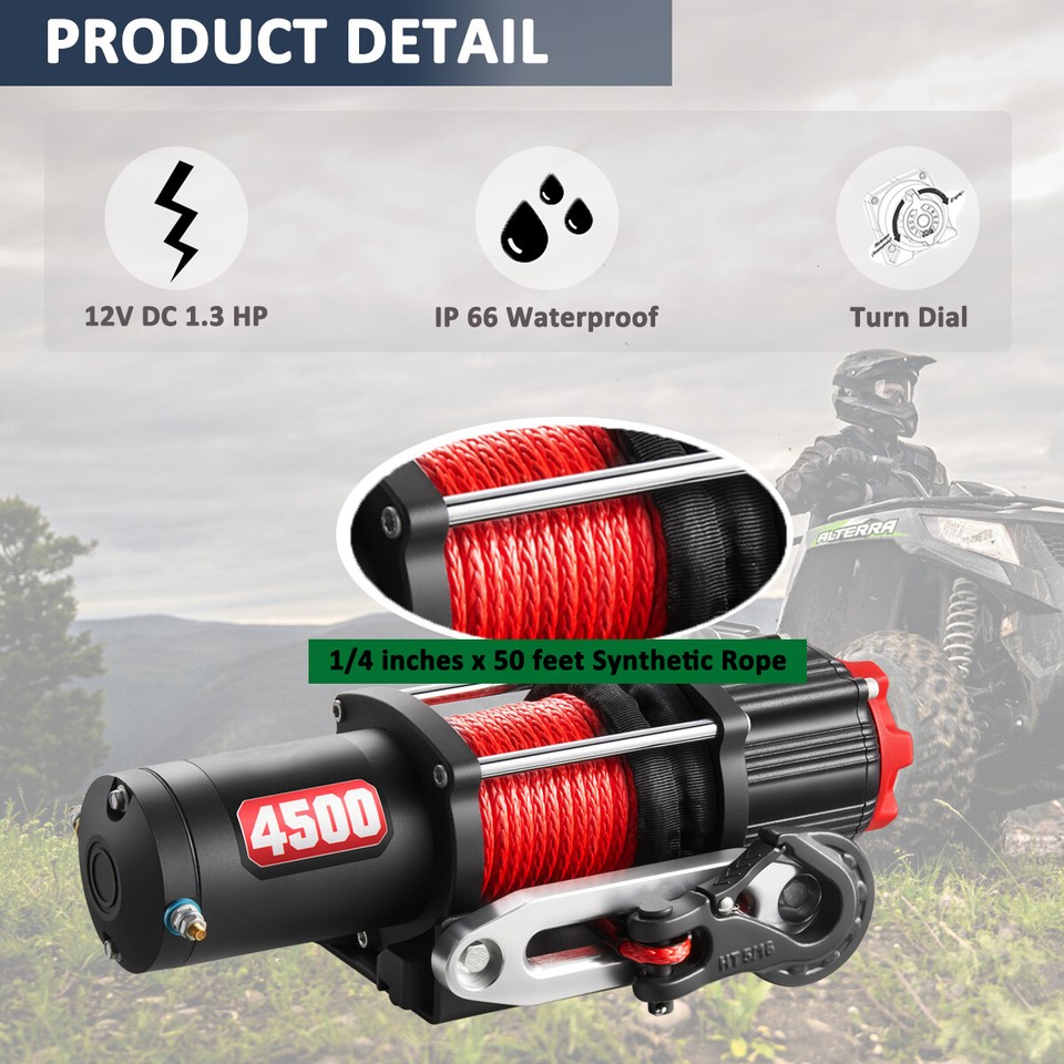 Electric Winch 4500LBS 12V DC Synthetic Rope Towing Truck Ideal For UTV ...